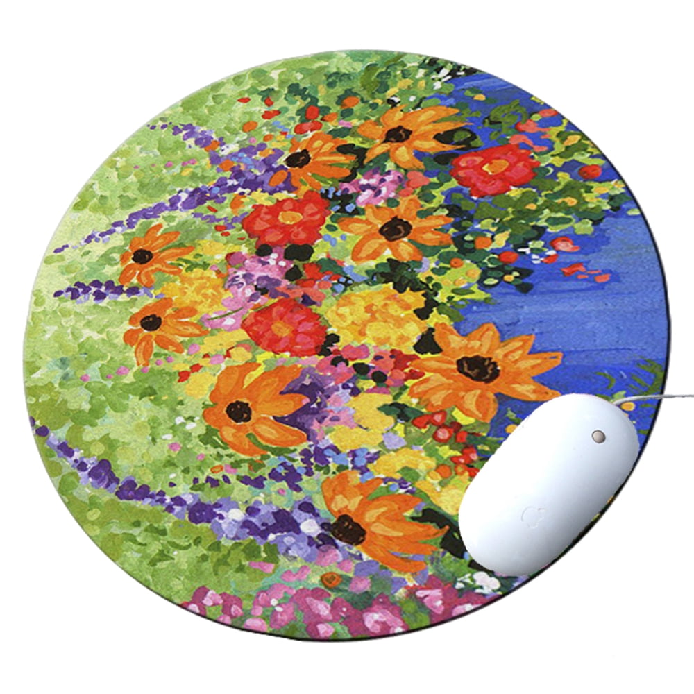 KuzmarK Round Mousepad / Hot Pad / Trivet - Summer Flowers in Blue Pot ...