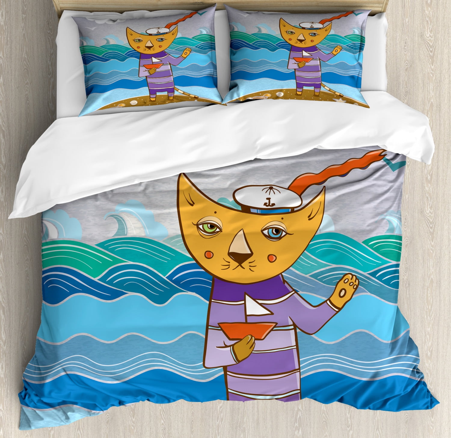 Cat Queen Size Duvet Cover Set, Sailor Feline on Shore Holding a Boat ...