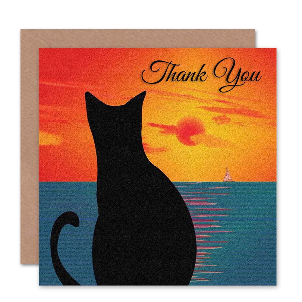 Thank You Cat Animal Sunset Sea Boat Illustration Greetings Card Plus ...