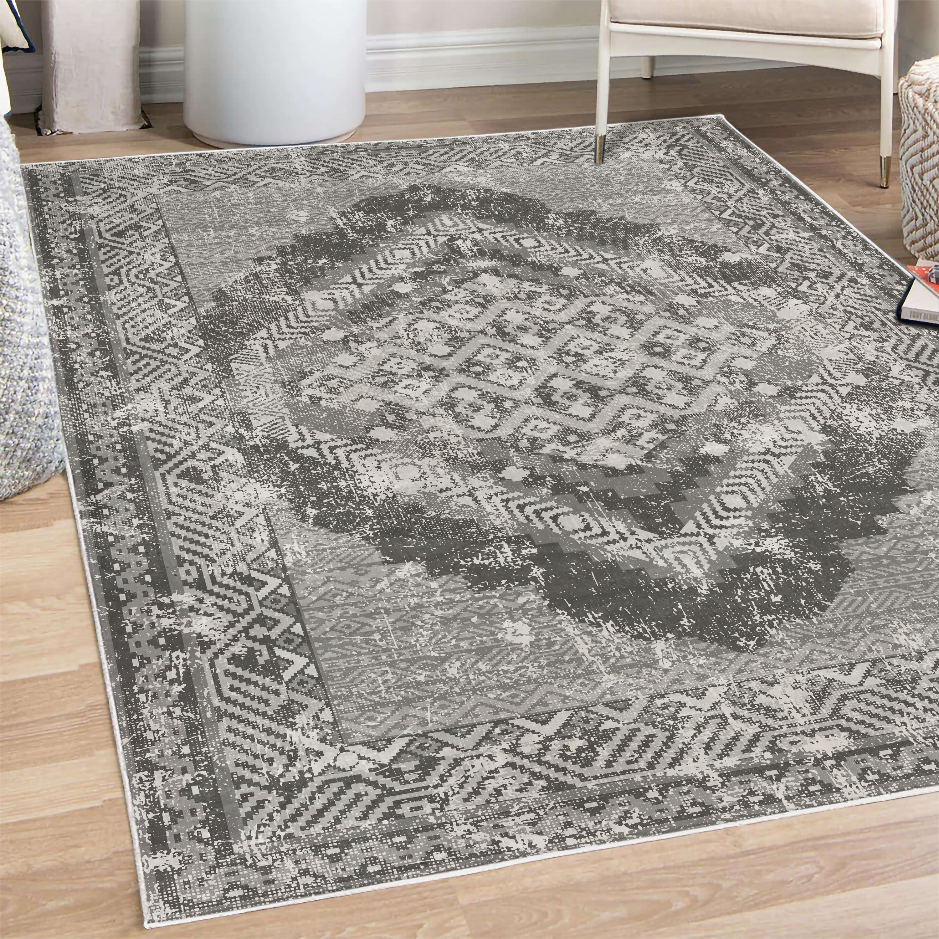Rustic Decorative Rug, Grayscale Ethnic Colors of Abstract Geometric ...