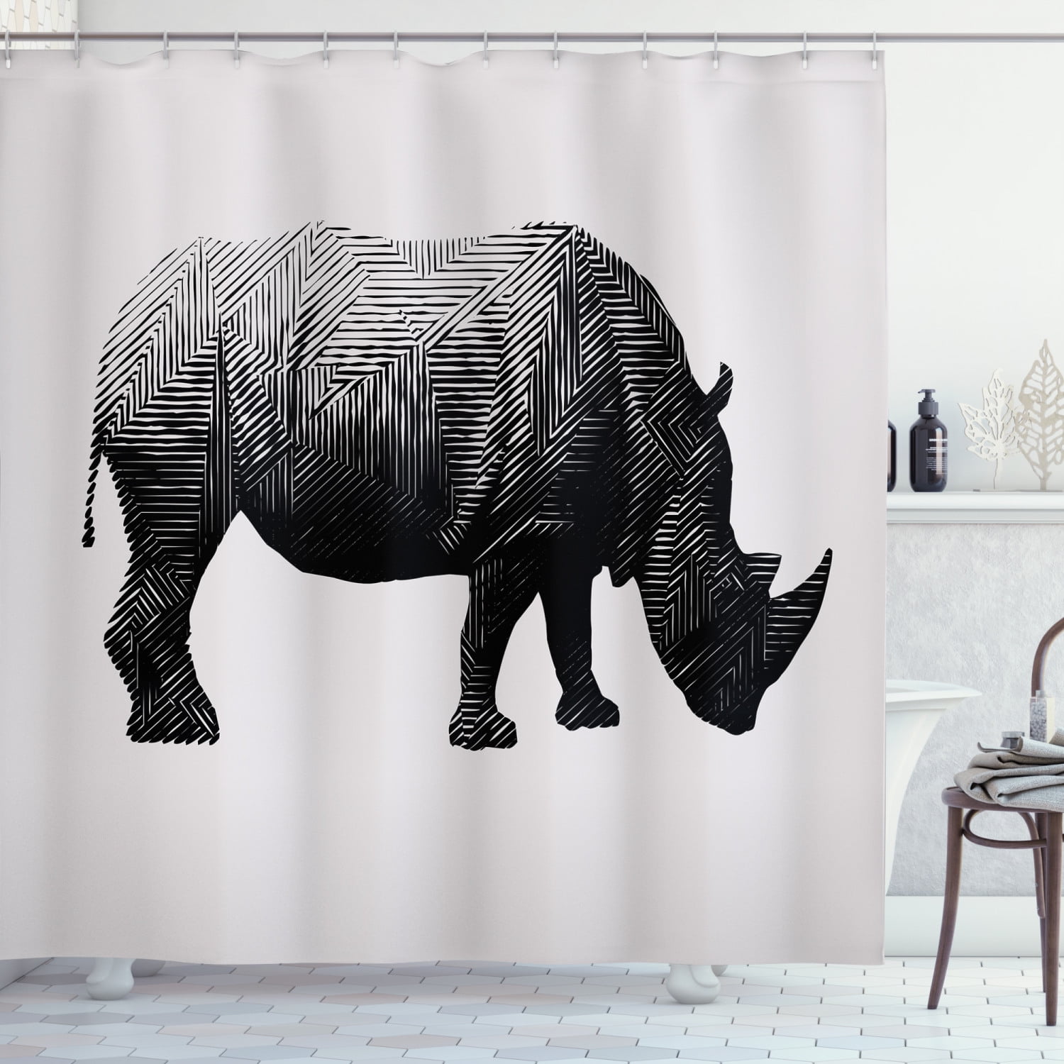 Rhino Shower Curtain, Polygonal Animal Line Art Arrangement with Angled ...