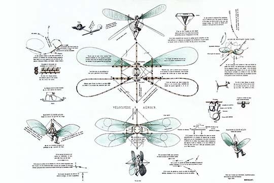 Design drawings for a man-powered flying machine with manually ...