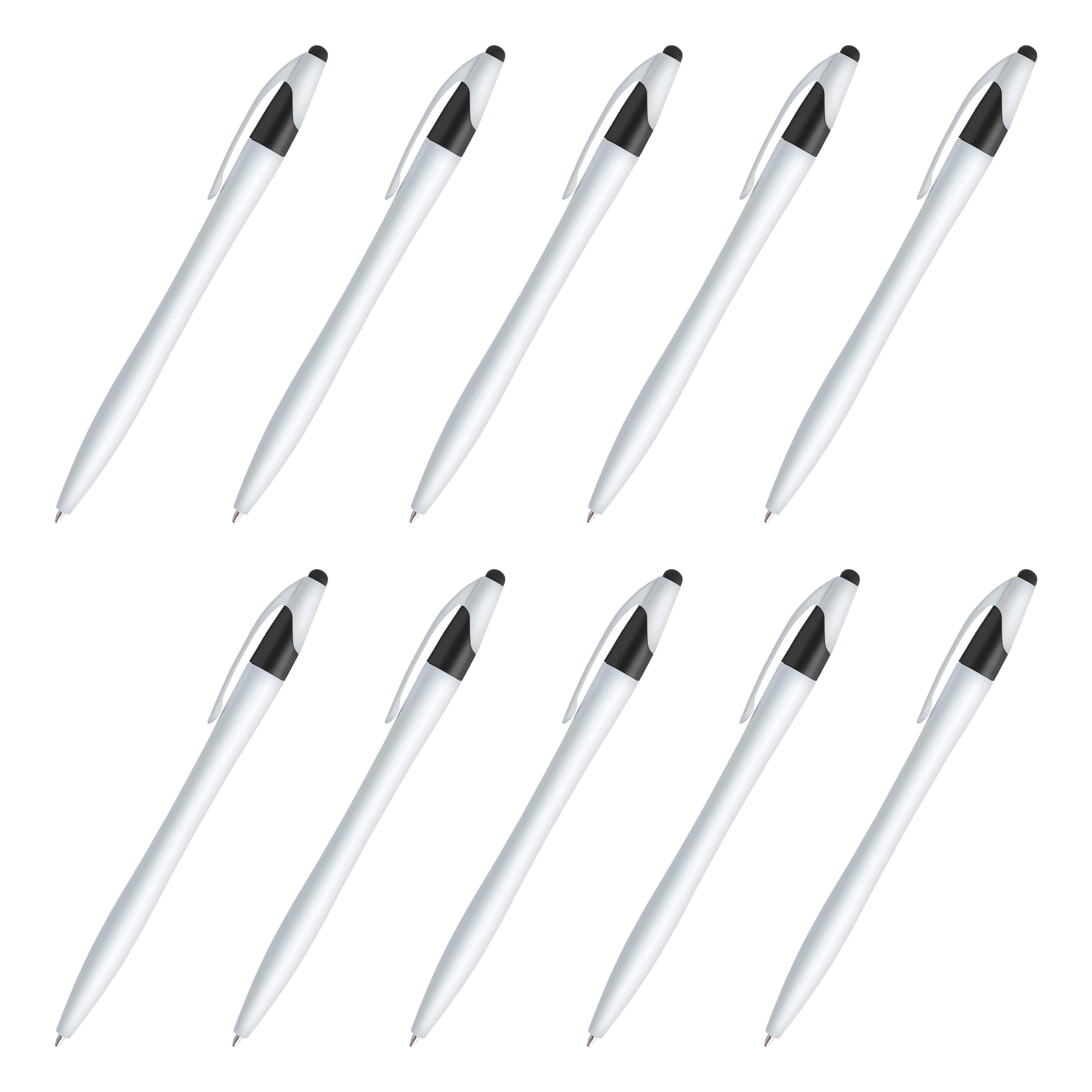 10 White Twist Barrel Stylus Pens Pack - Plastic, Vibrant, Black Ink ...