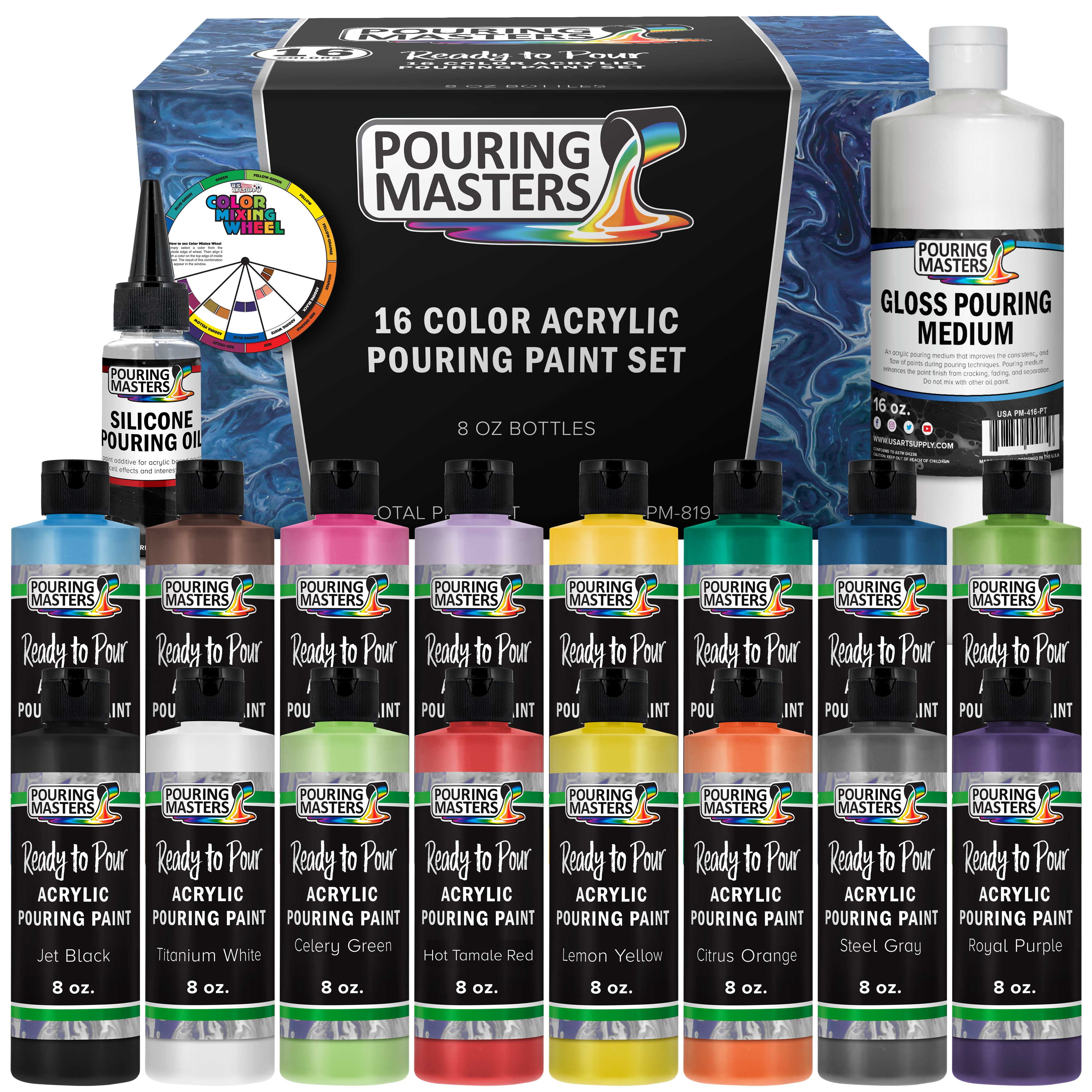 16-Color Ready to Pour Acrylic Pouring Paint Set with Silicone Oil ...