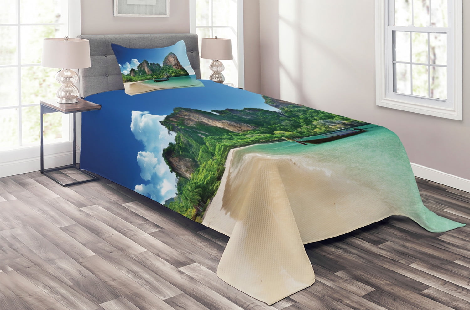 Tropical Coverlet Set Twin Size, Railay Beach Krabi Thailand Small Boat ...