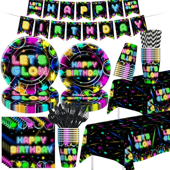 Glow Neon Party Supplies - Birthday Banner, Plates, Napkins, Cup ...