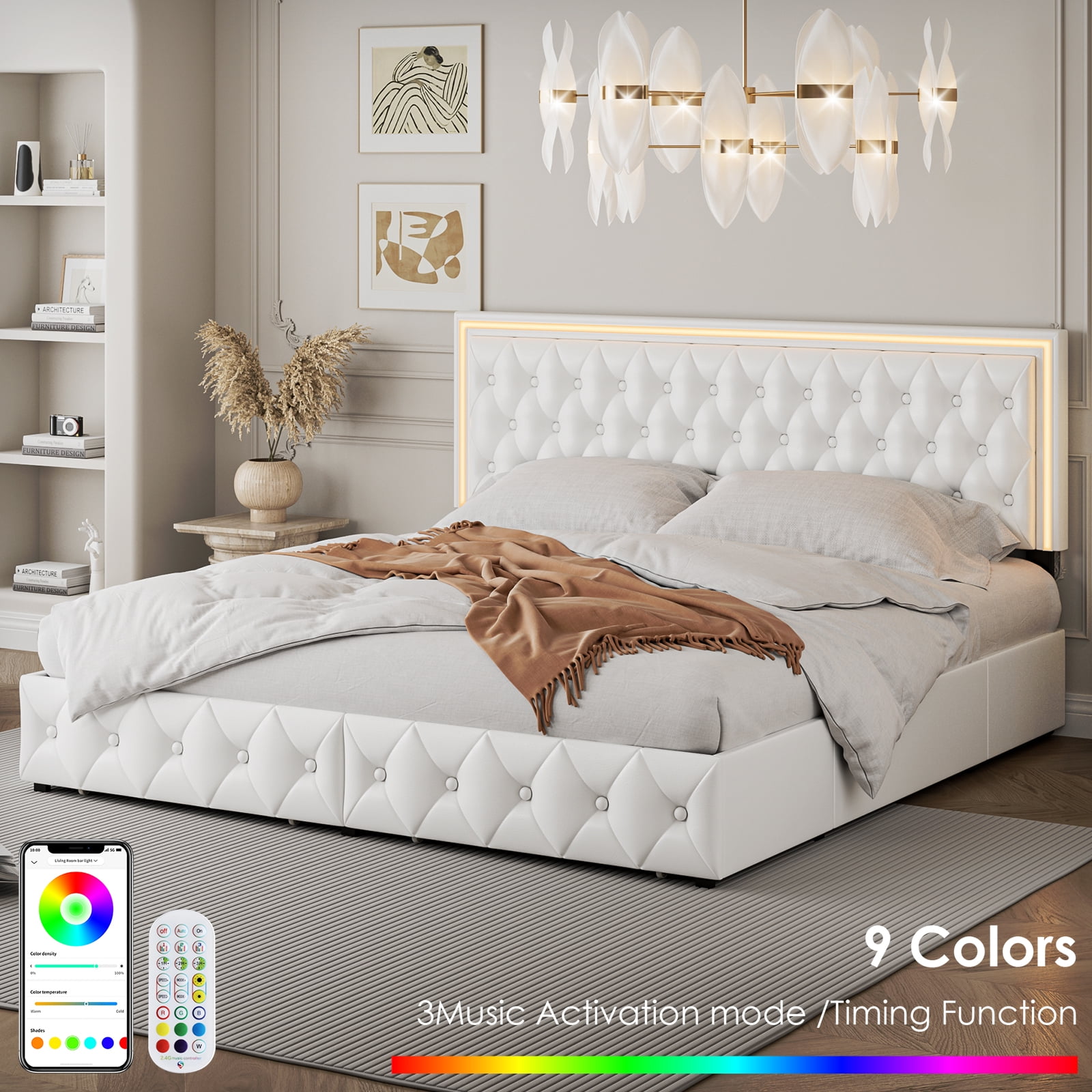 Homfa Full LED Bed, 9 Colors LED Lights Platform Bed Frame with 4 ...