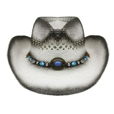 Tea Stain Straw COWBOY HAT with Turquoise Blue Beads for Women, WESTERN ...