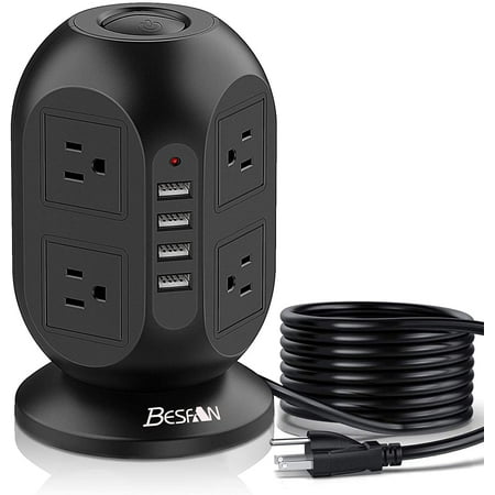 USB Power Strip Tower - Surge Protector Black Extension Cord 10 FT with ...