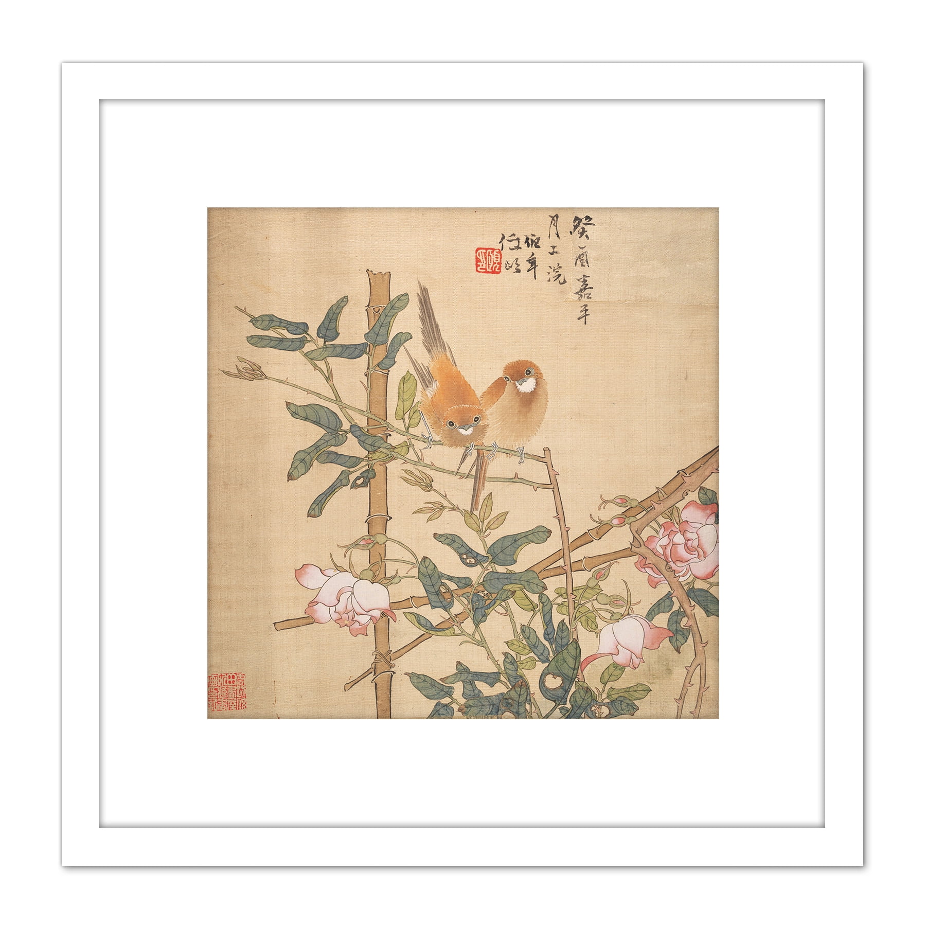 Ren Yi Two Birds Perched Rose Bush Chinese Painting 8X8 Inch Square ...