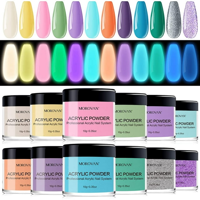 Morovan Acrylic Powder Set 12 Colors Glow in the Dark Acrylic Nail ...