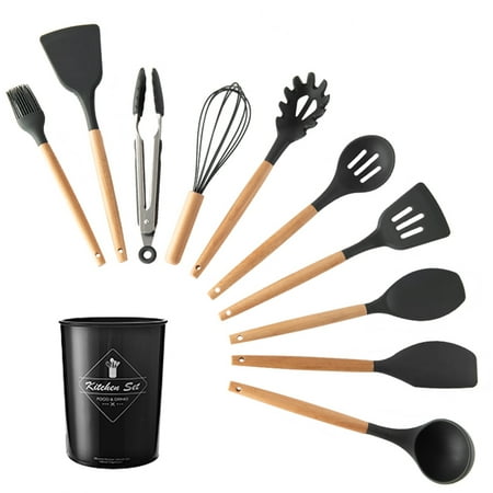 11 PCS Kitchen Utensils Set with Storage Bucket Wood Handle Silicone ...