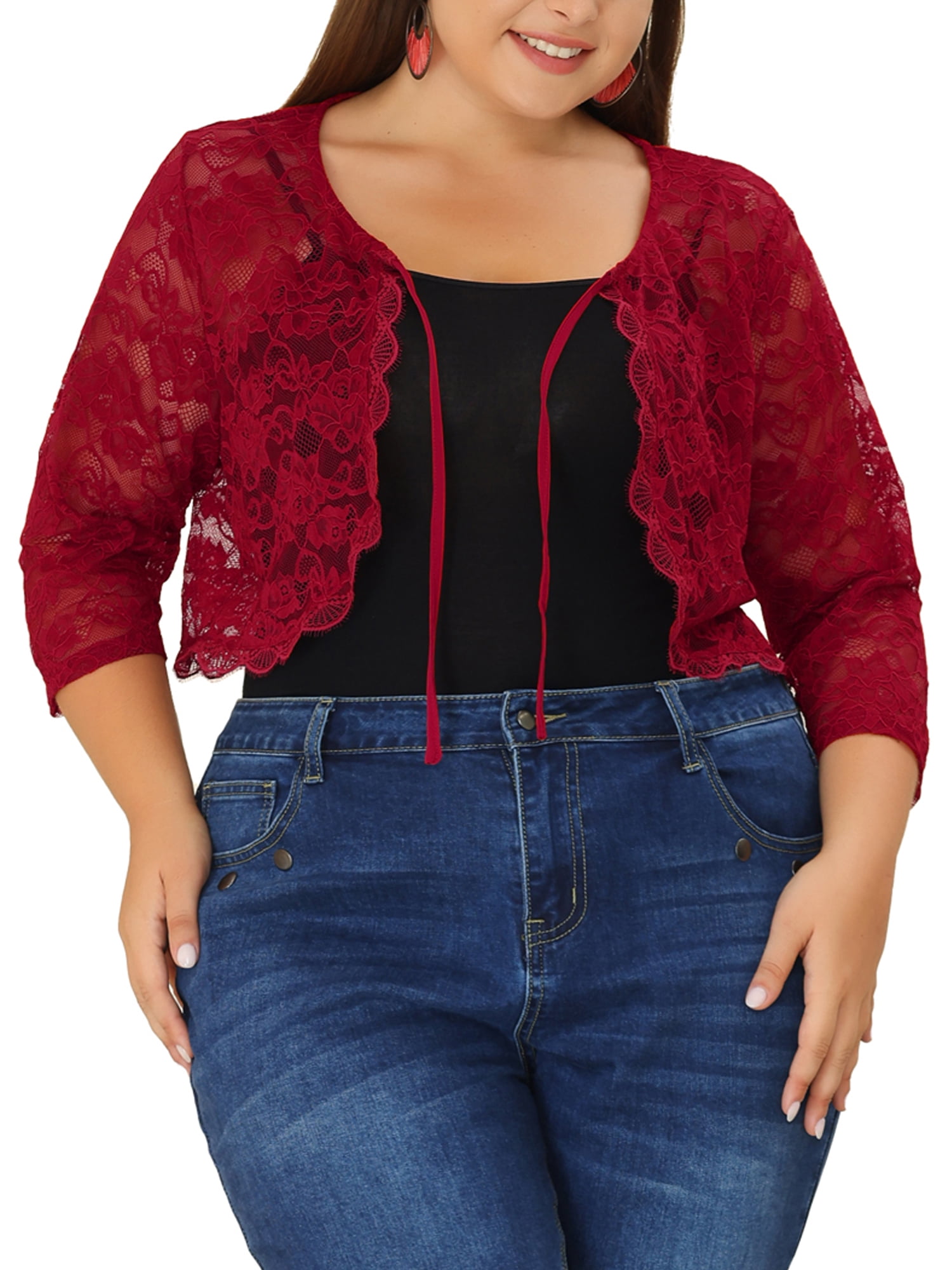 Unique Bargains Women's Plus Size Shrug Floral Lace Tie Neck Bolero ...