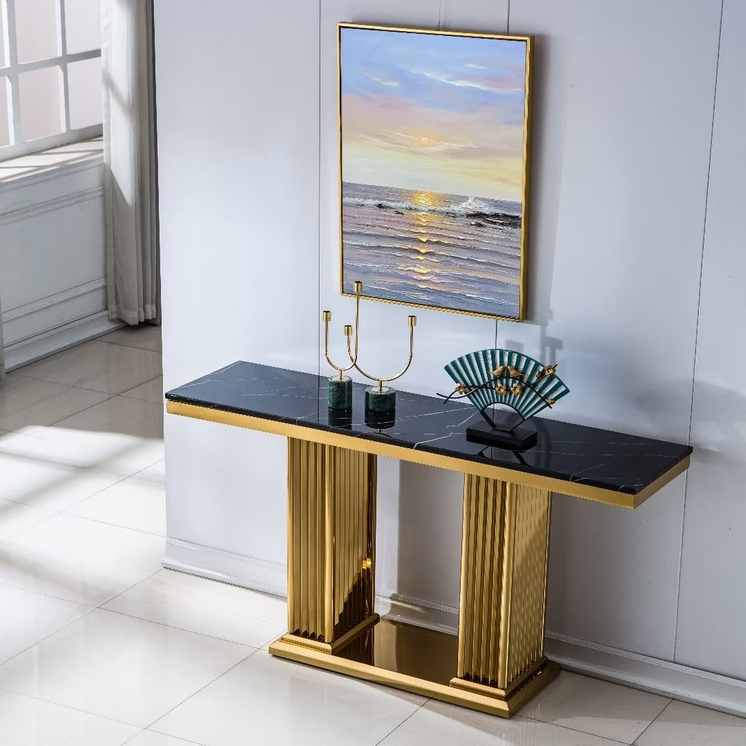 Luxury Real Marble Console Table, Black, with Golden Stainless Steel ...