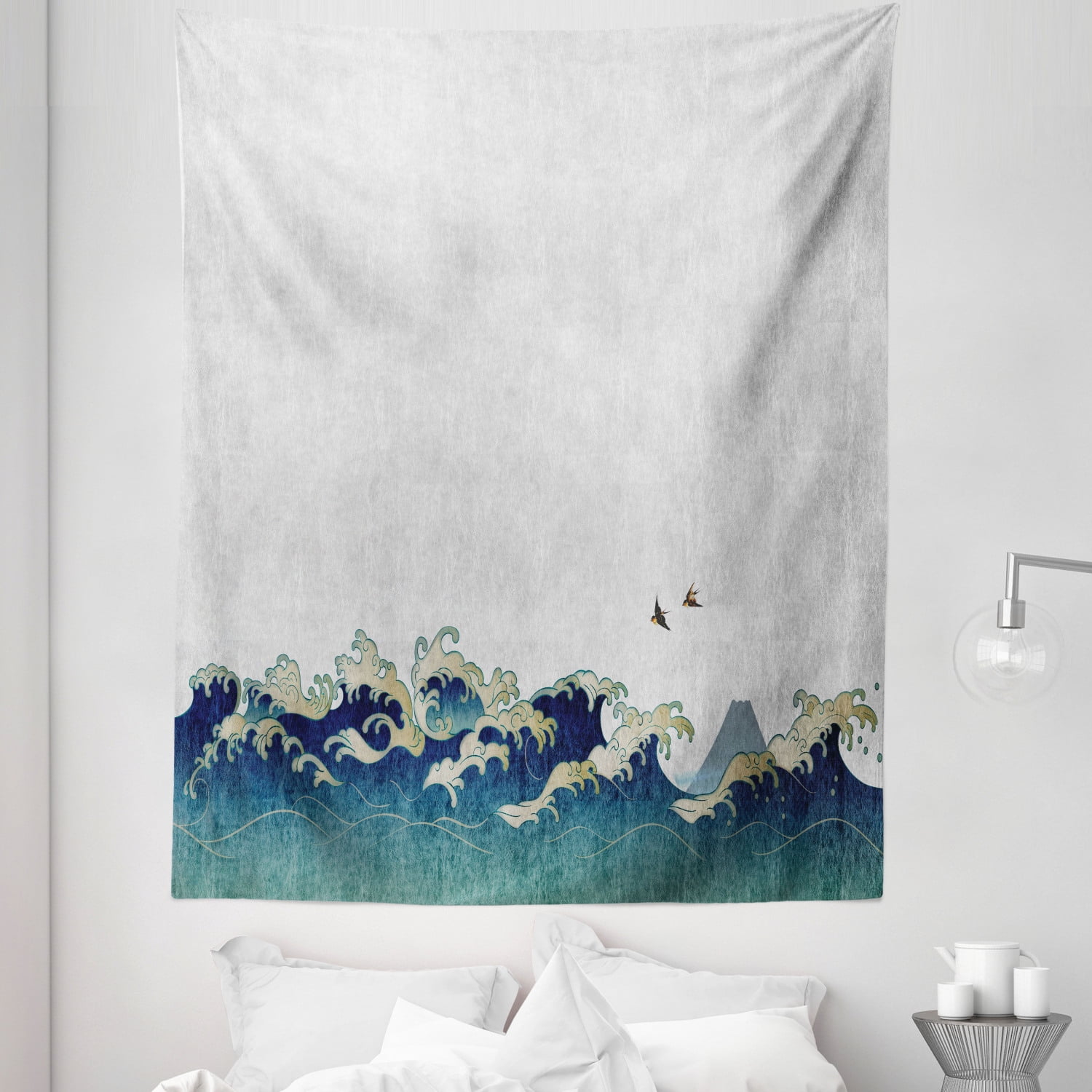 Japanese Wave Tapestry, Aquatic Swirls Birds of Ocean Ukiyo-e Style Art ...
