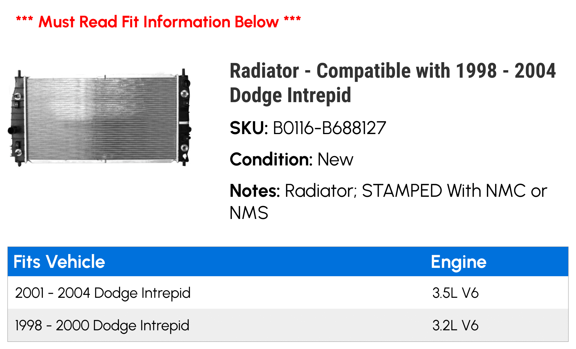 2001 Dodge Intrepid Radiator