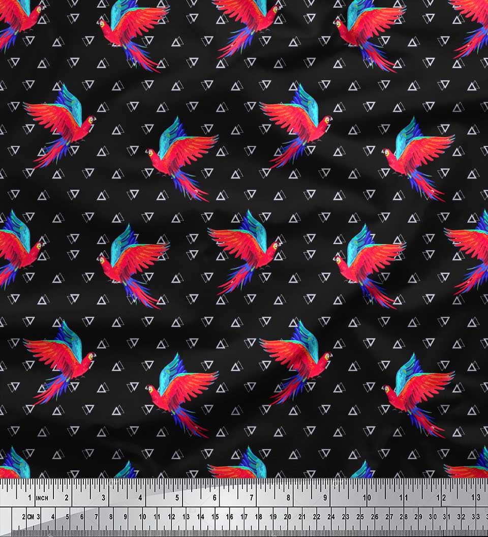Soimoi Black Cotton Duck Fabric Watercolor Macaw Parrot & Triangle ...