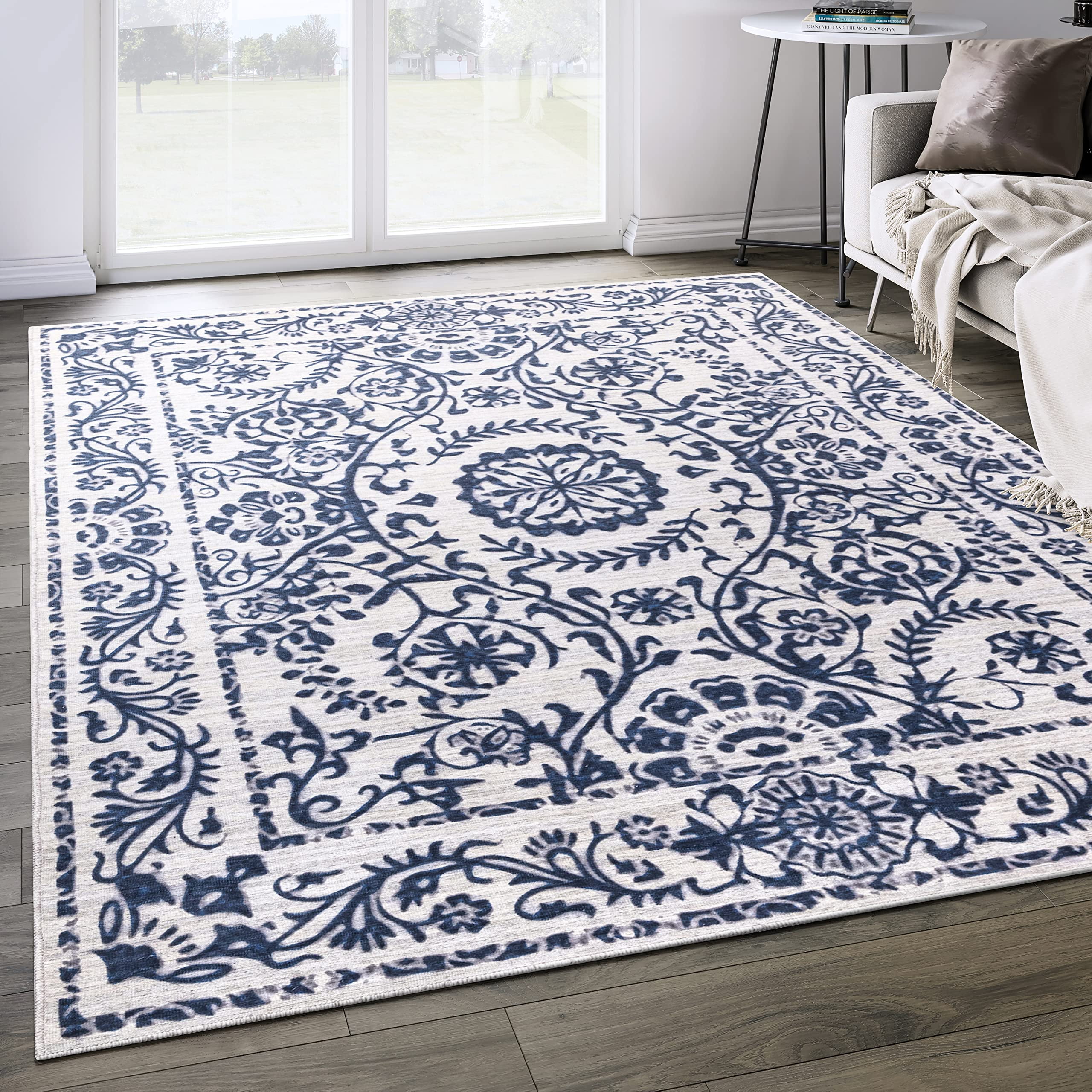 Abani Parker Collection Machine Washable 5'3" x 7'6" Blue Floral Vines ...