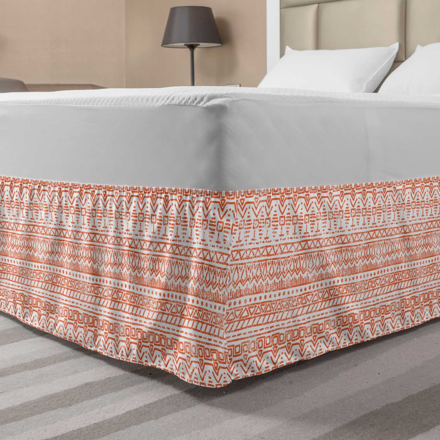 Orange and White Bed Skirt, Hand Drawn Geometric Shapes with Grunge ...
