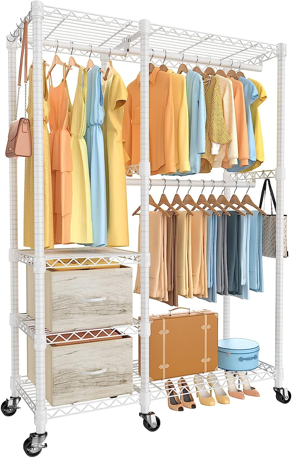 BOTUI Clothing-Rack, Heavy Duty Rolling Clothes-Rack, 4 Tiers Wire Shelving Garment Rack with 3 ...
