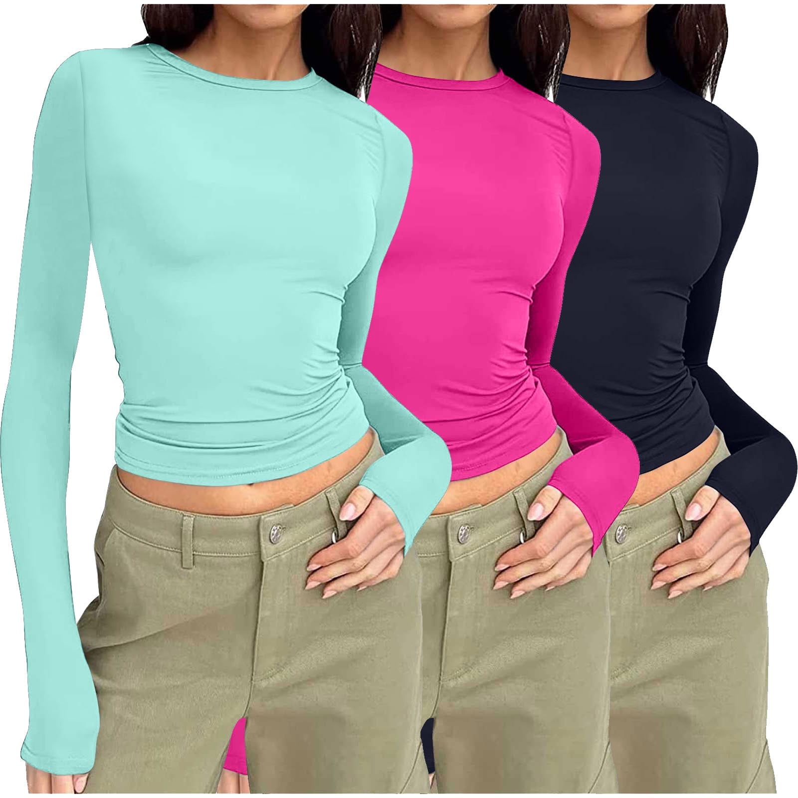 Click here for Aherbiu 3pc Women Long Sleeve Shirts Basic Slim Fi... prices
