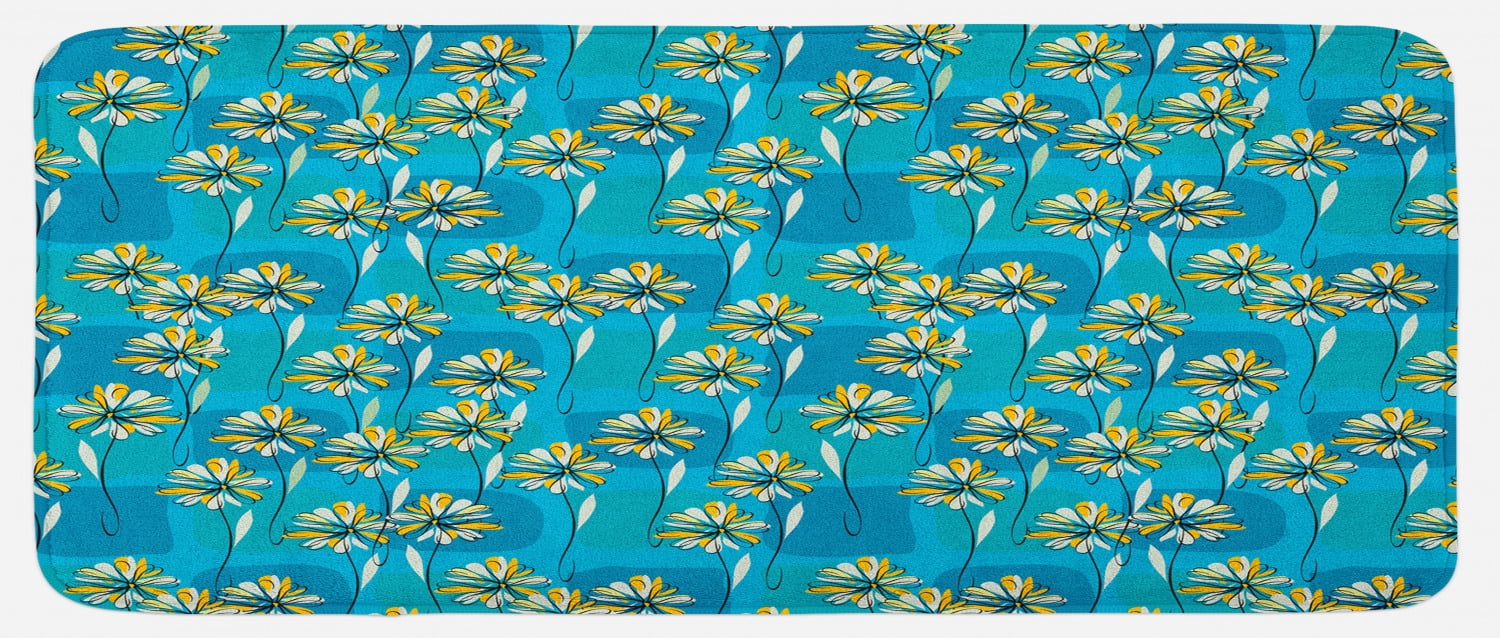 Floral Kitchen Mat, Modern Design Sketchy Garden Daisy Like Flowers ...