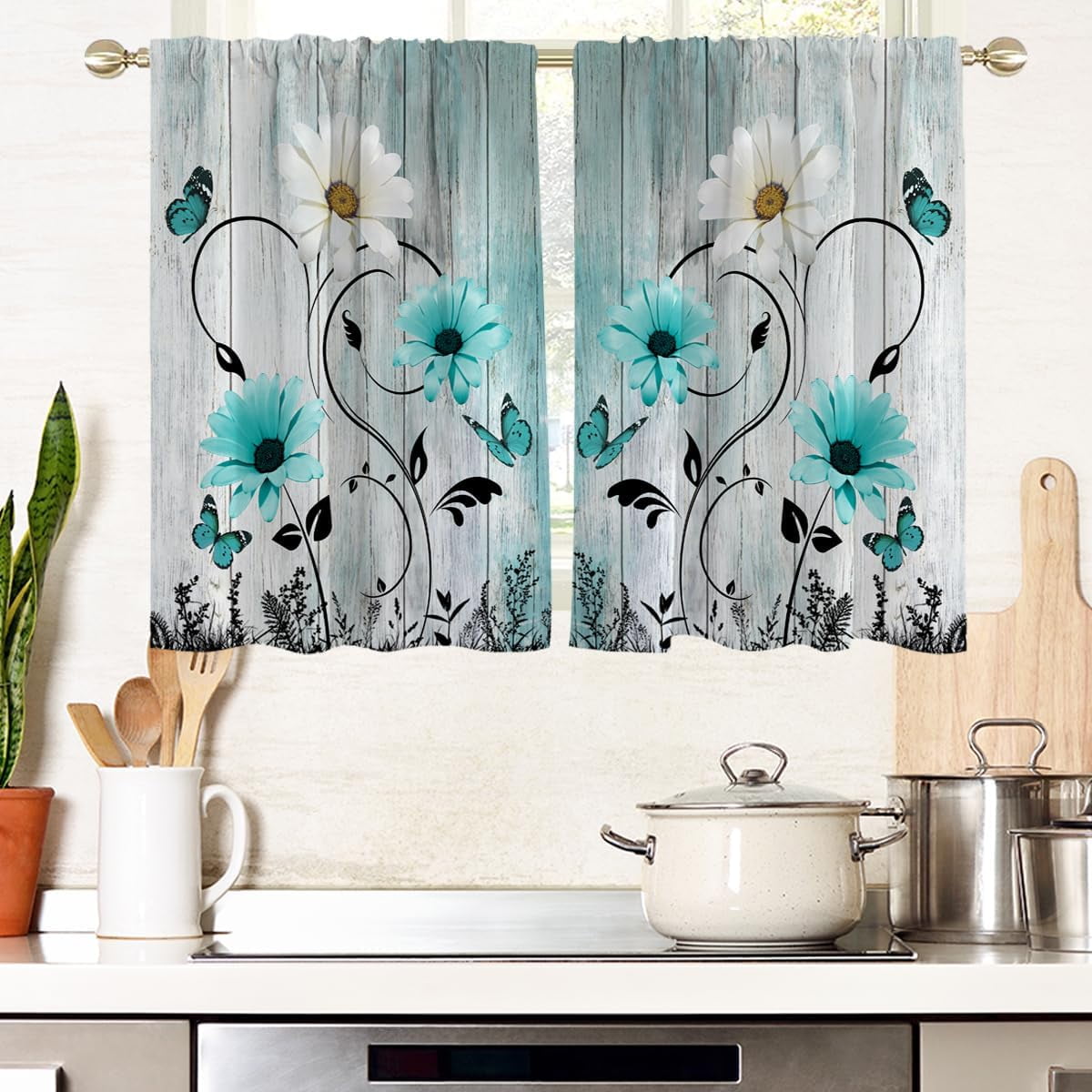 Click here for Rjiokq Teal Floral Window Curtains For Kitchen Tur... prices