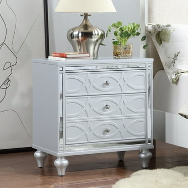 Contemporary 2 Nightstand In Silver - Solid Wood With Mirror Panel ...