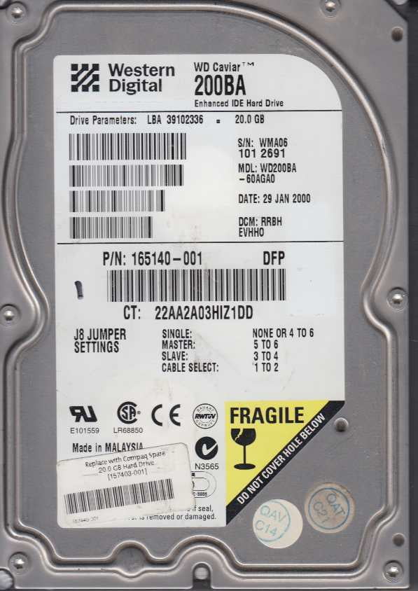 WD200BA-60AGA0, DCM RRBHEVHHO, Western Digital 20GB IDE 3.5 Hard Drive ...