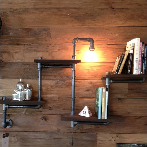 Industrial Water Pipe Wall Sconce with Wood Shelf Farmhouse Vintage ...