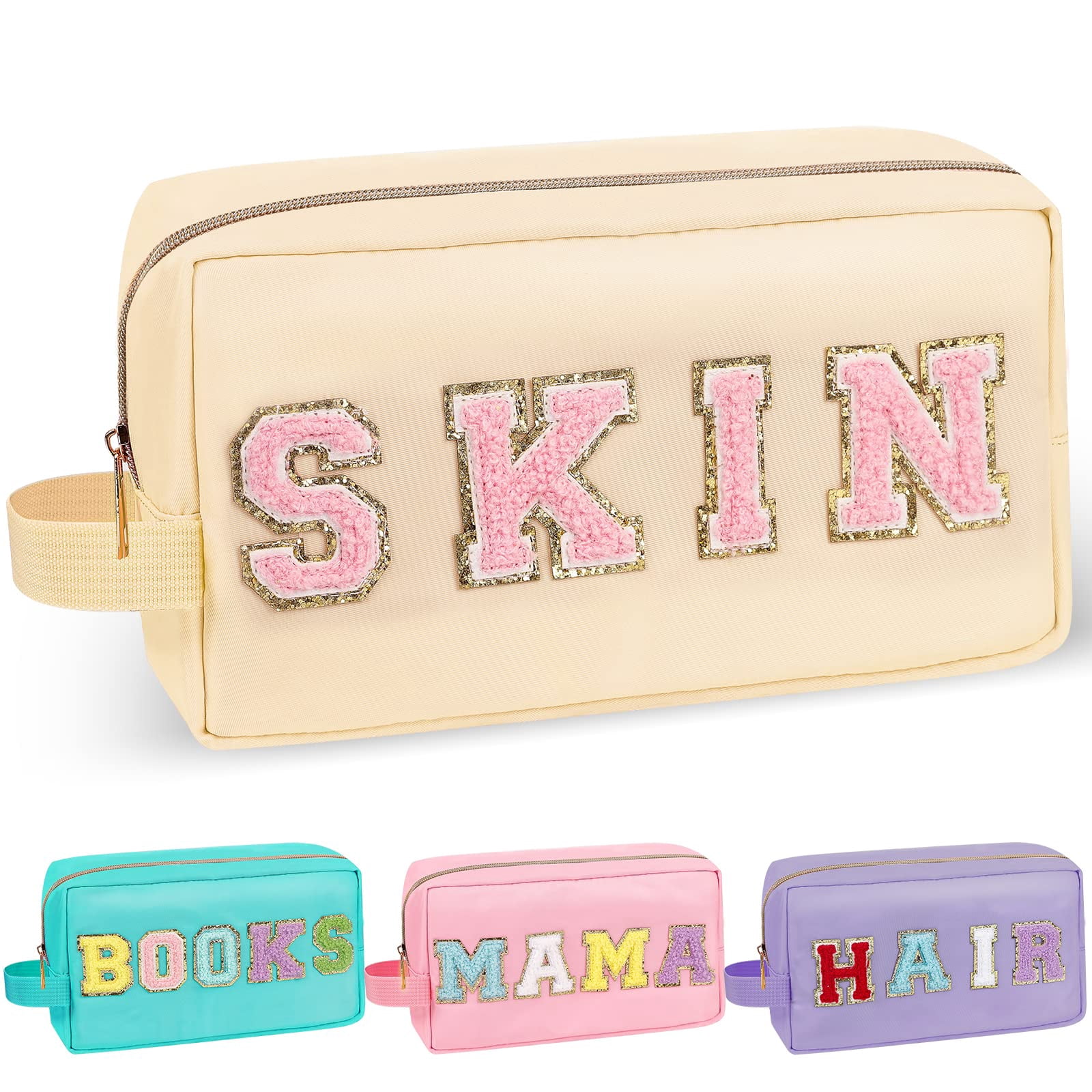 Izuzta Chenille Letter Makeup Bag,Nylon Preppy Patch Zipper Pouch Purse ...
