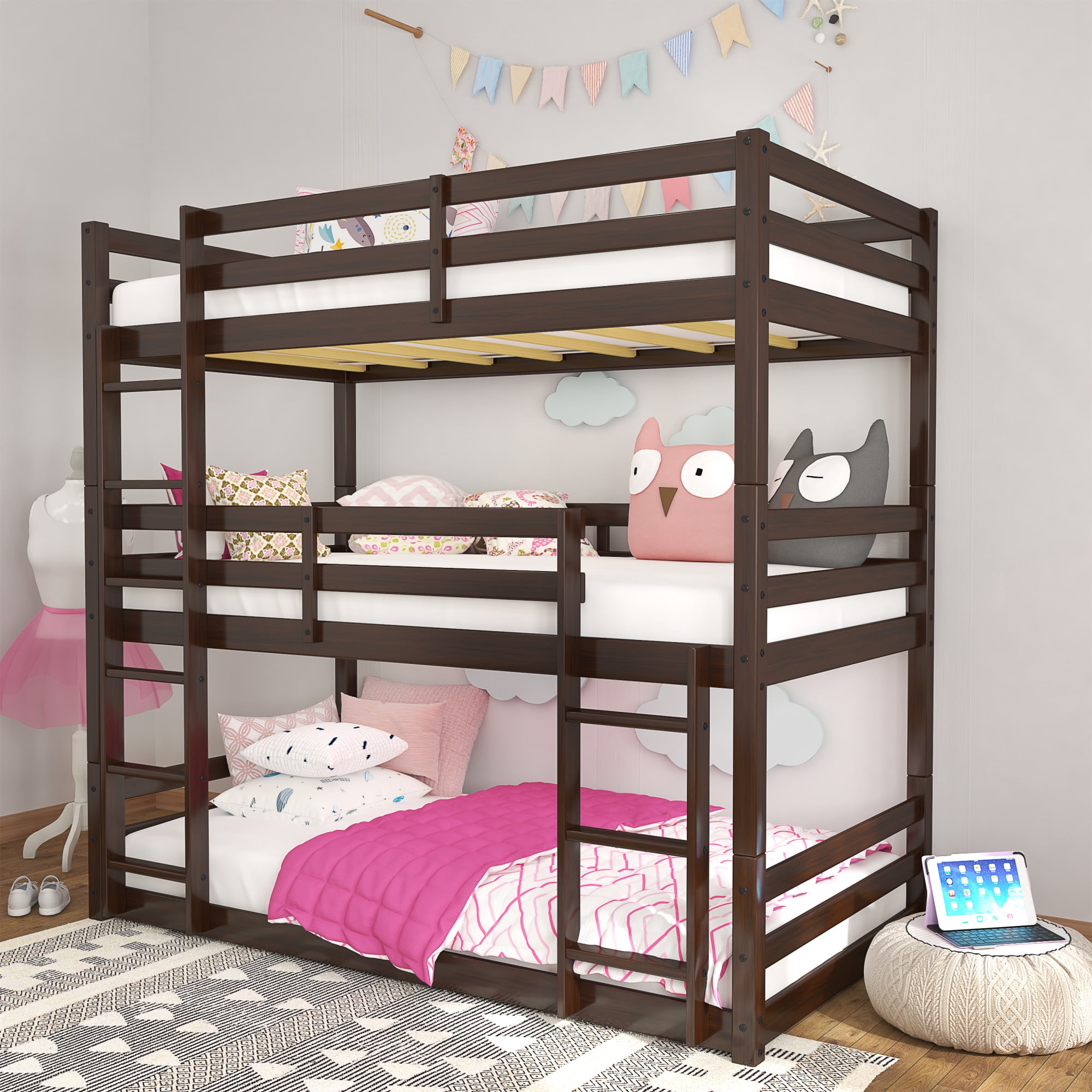Campbell Wood Triple Twin Convertible Bunk Bed, Espresso - Walmart.com