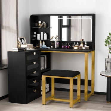 VEANERWOOD Vanity Set with Lights and Charging Station Makeup Vanity ...