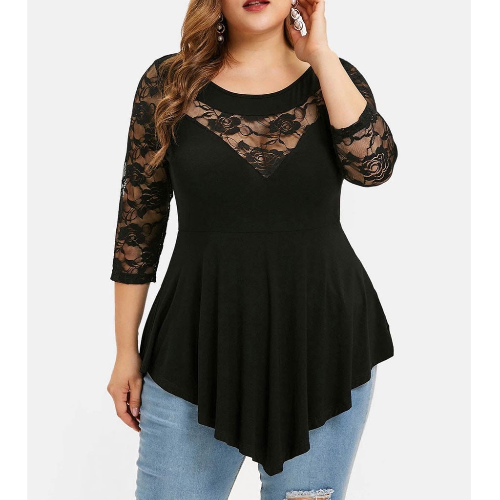 Meichang Plus Size Women Solid Floral Lace Blouse Asymmetric Hem Round ...