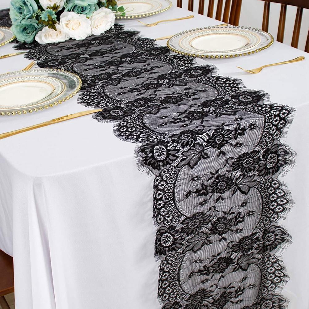 Black Lace Table Runner Overlay Exquisite Lace Fabric with Rose ...