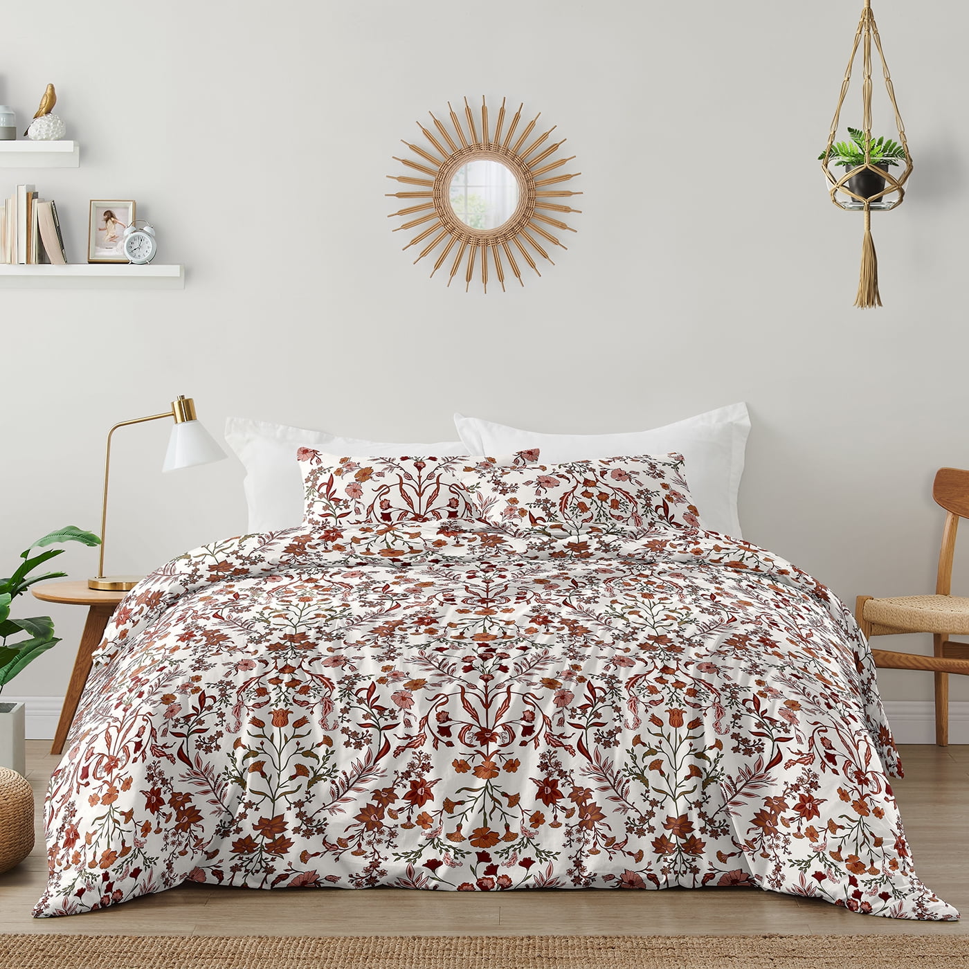 Boho Floral Wildflower Rust Orange and Ivory King Duvet Cover 3pc ...