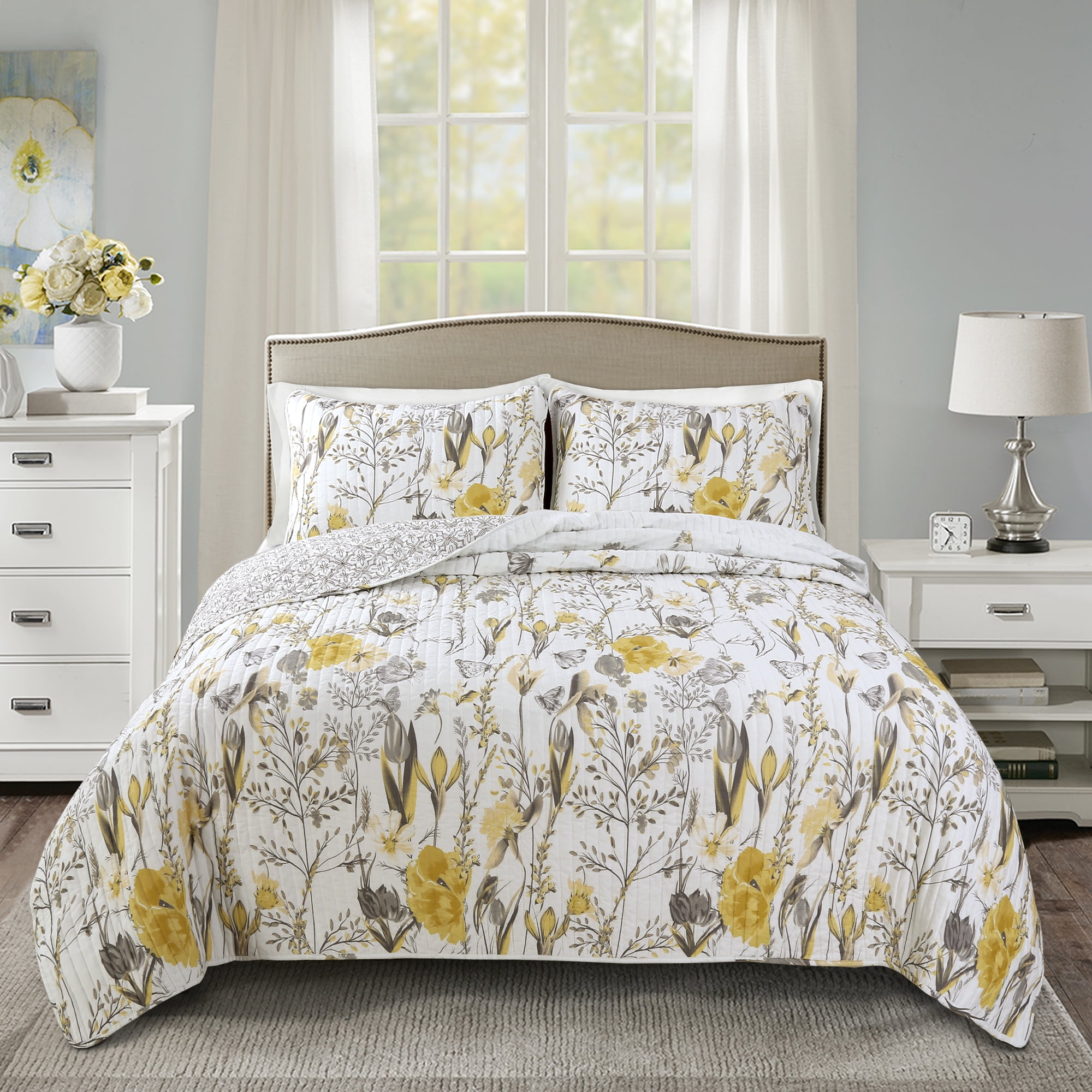 Lush Decor Adalia Floral Cotton Reversible Quilt Full Queen Yellow