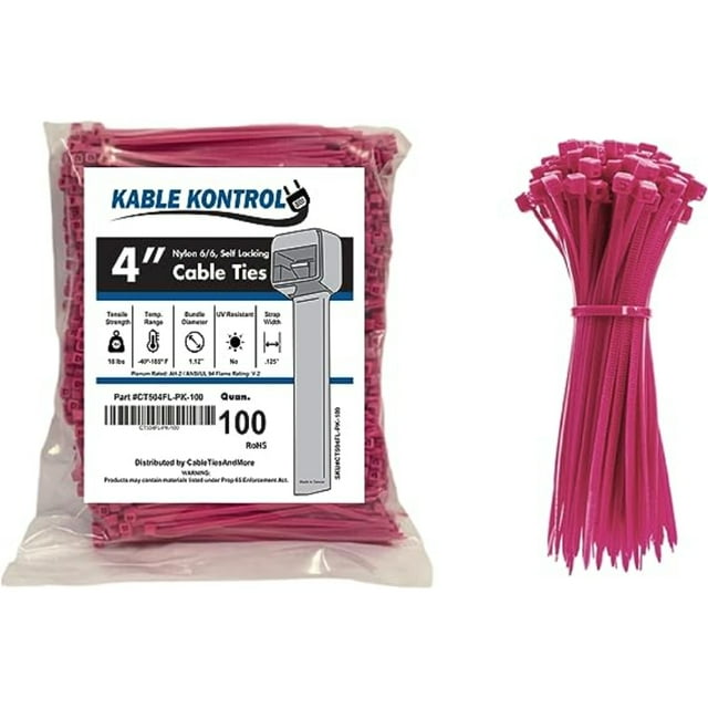 Kable Kontrol Zip Ties - 4" Long - 100 Pc Pk - Fluorescent Pink color - Nylon - 18 Lbs Tensile ...