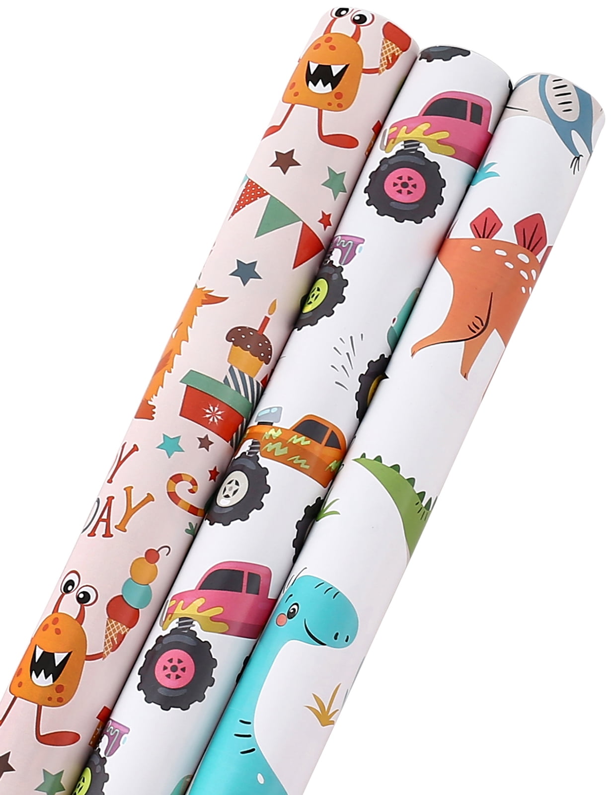 Birthday Wrapping Paper for Boys Kids Girls - Dinosaur Monster Truck ...