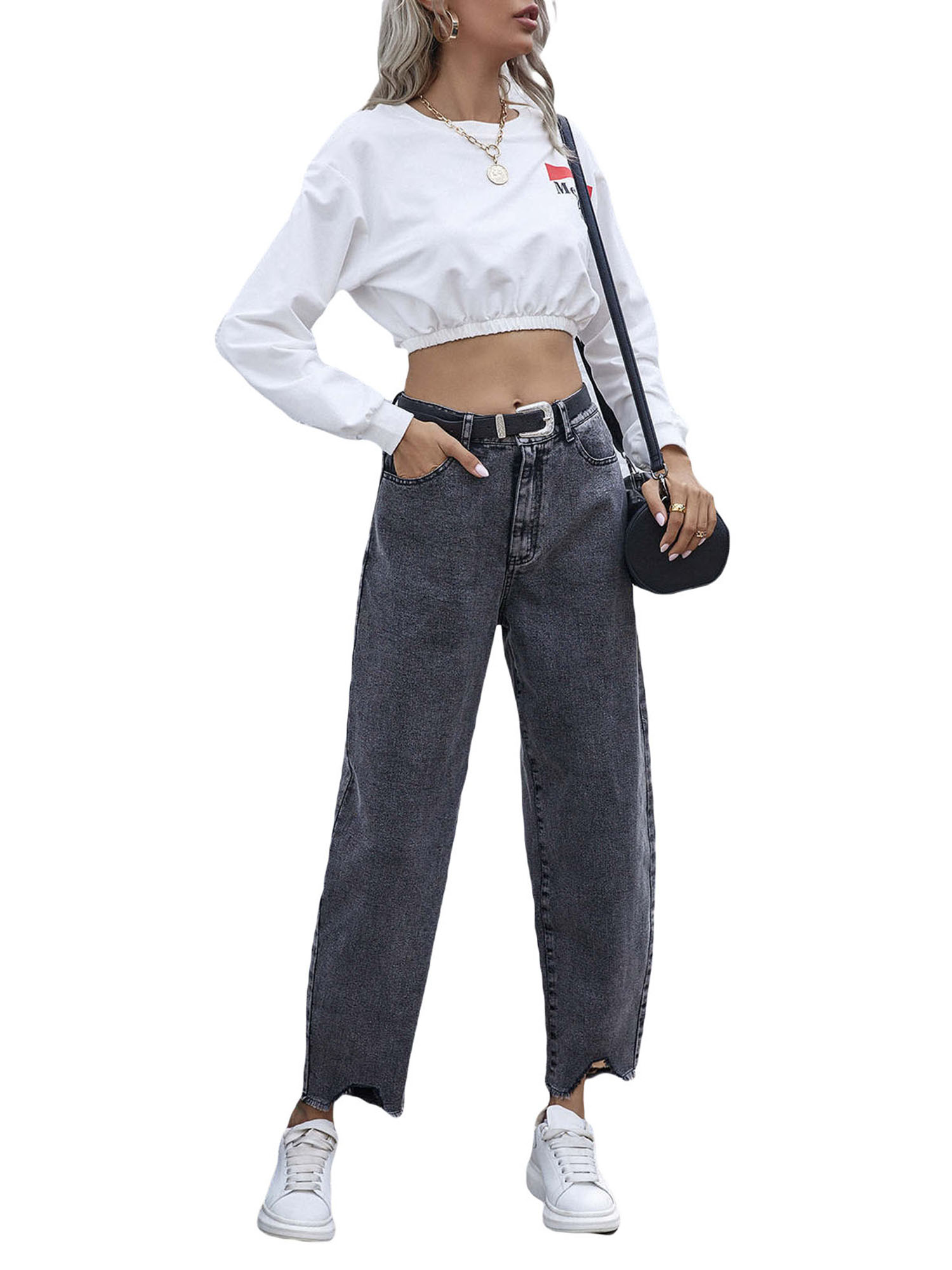 Sunloudy Women Casual Solid Color High Waisted Irregular Jeans with ...