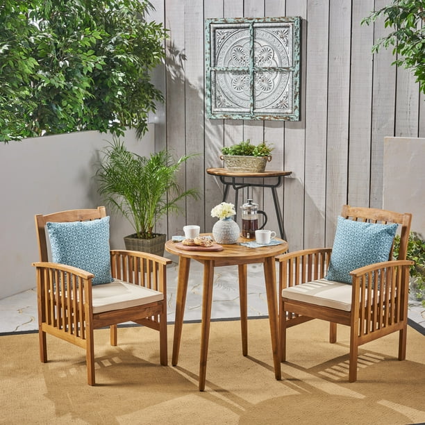 Landen Outdoor 3 Piece Acacia Wood Bistro Set with Cushions and 28 Inch ...