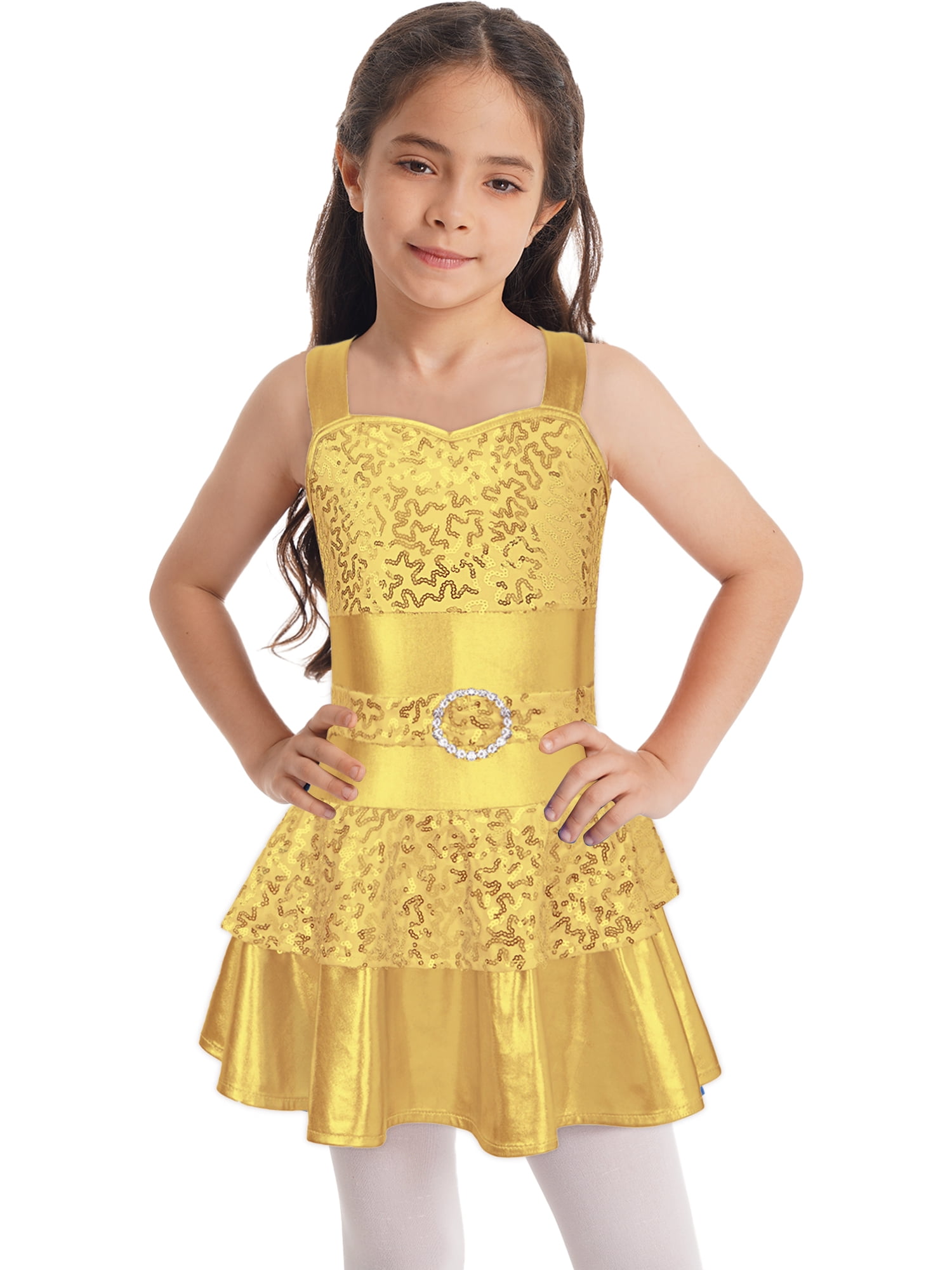 YiZYiF Kids Girls Sparkly Sequins X-Back Gymnastics Leotard Dress ...