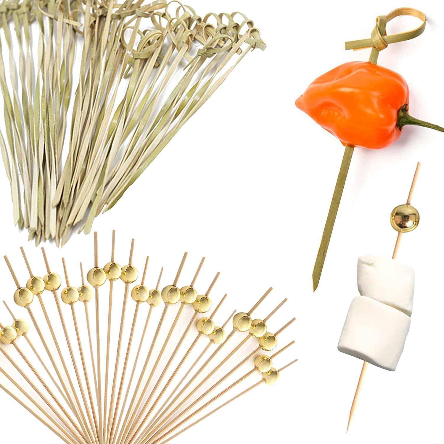 50-pack Knot Bamboo Picks 6" + 50-pack 4.7" Wood Appetizer Cocktail ...