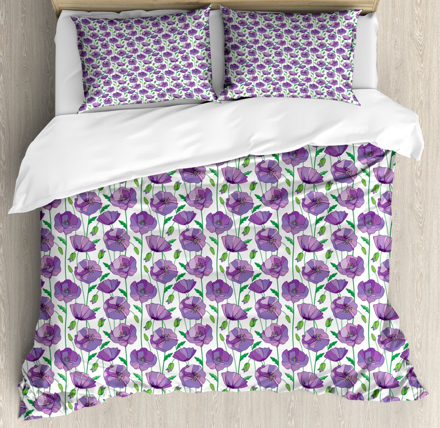 Poppy Duvet Cover Set King Size, Illustrated Buds and Blossoms of a ...