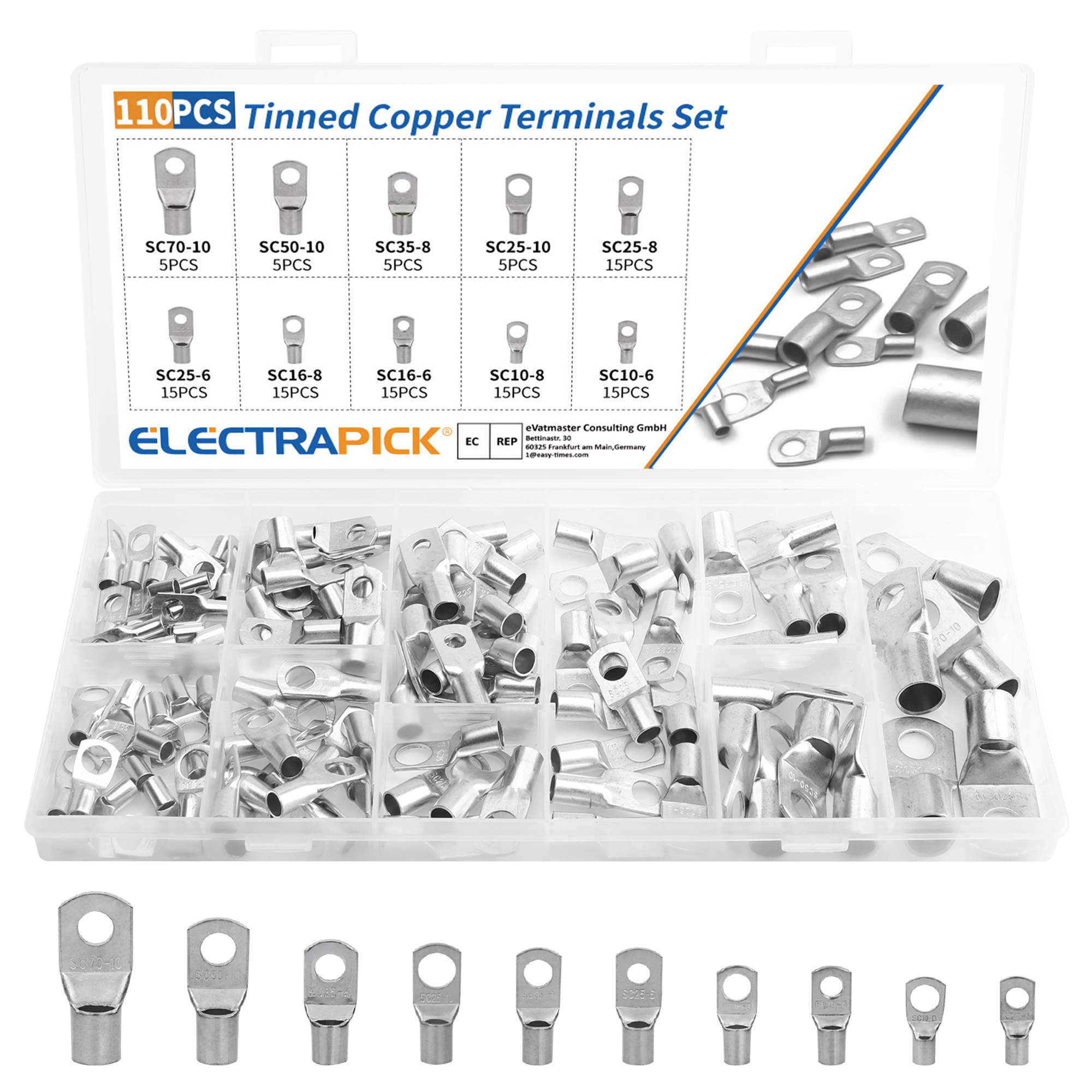 Electrapick Tubular Cable Lugs, Tin-Plated Copper Terminals / Ring ...