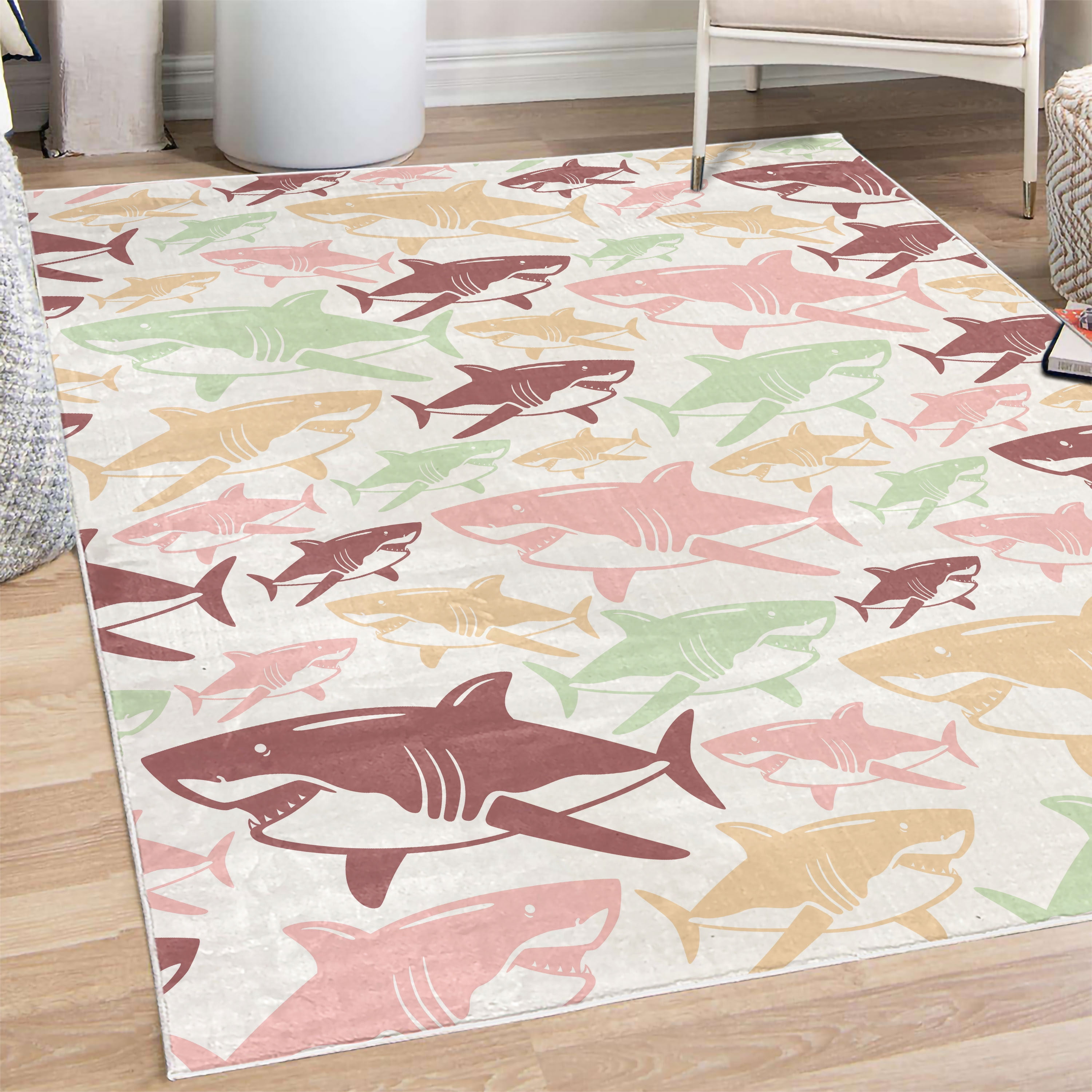 Shark Decorative Rug, Colorful Underwater Fish Pattern Masters Survival ...