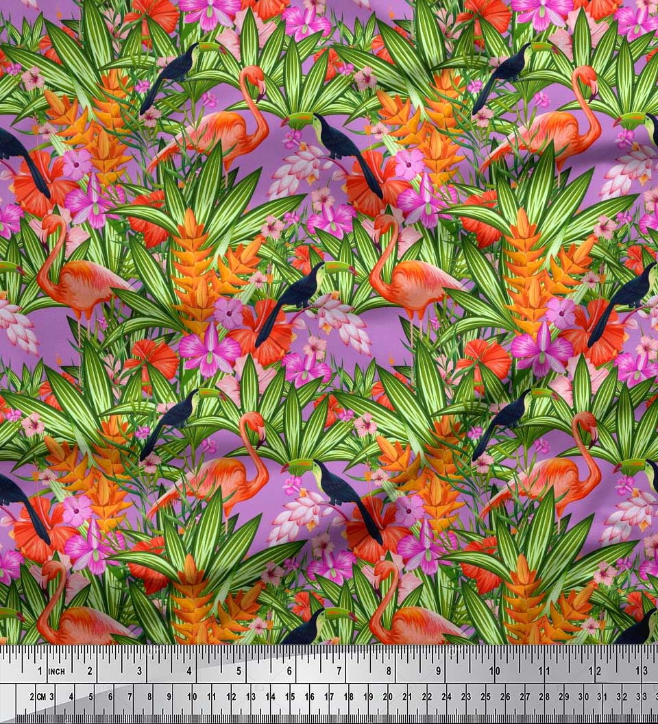 Soimoi Silk Fabric Floral,Toucan & Flamingo Bird Print Fabric by The ...