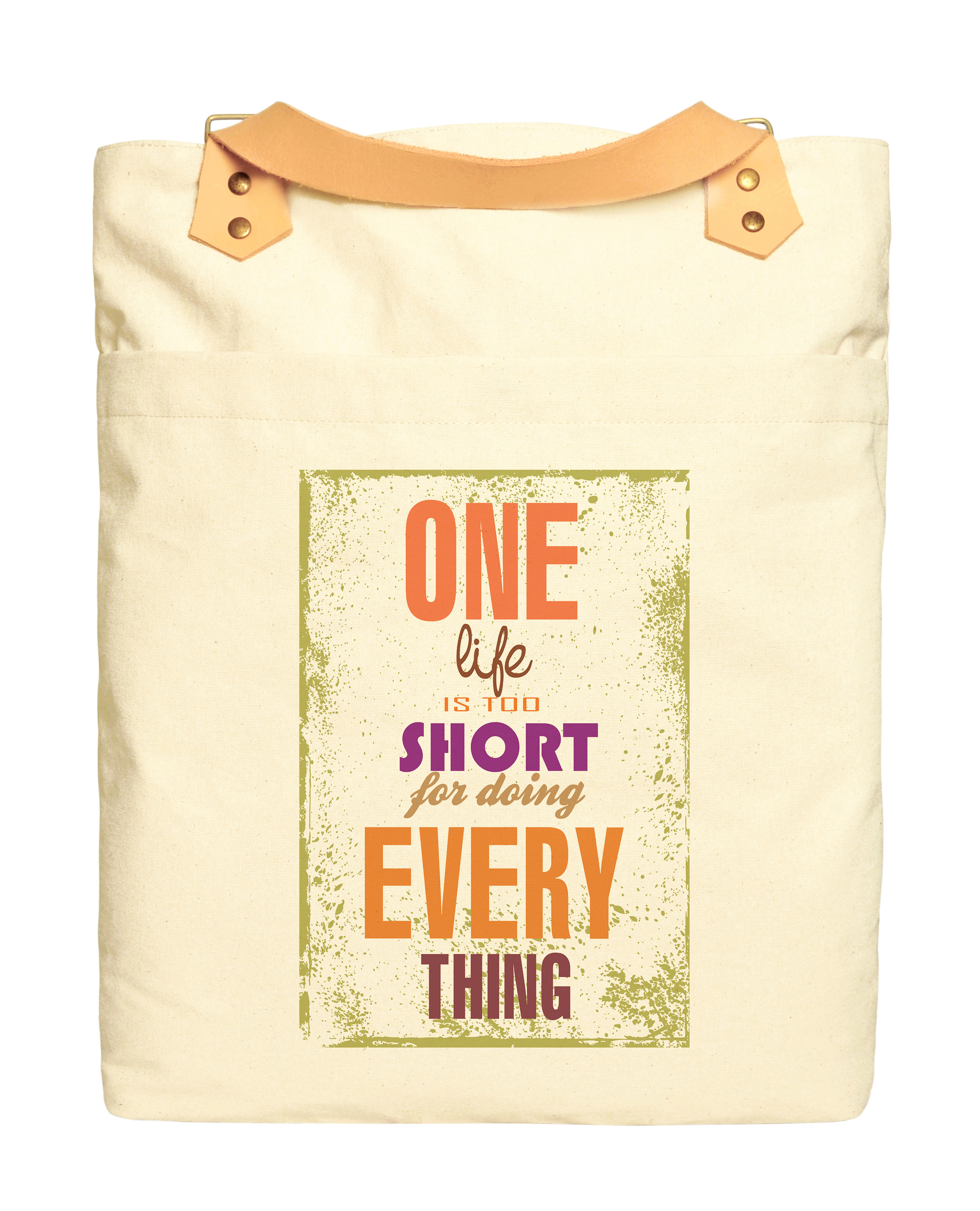 Life Typo Quote Design Print 100% Cotton Canvas Leather Straps Backpack ...