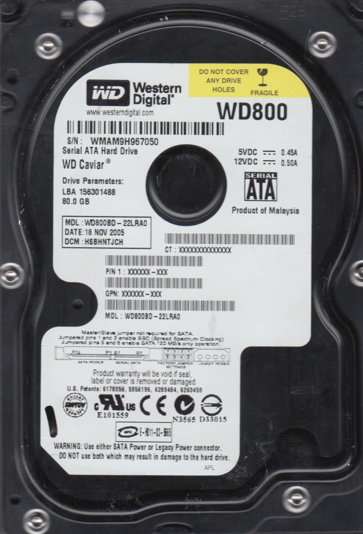WD800BD-22LRA0, DCM HSBHNTJCH, Western Digital 80GB SATA 3.5 Hard Drive ...