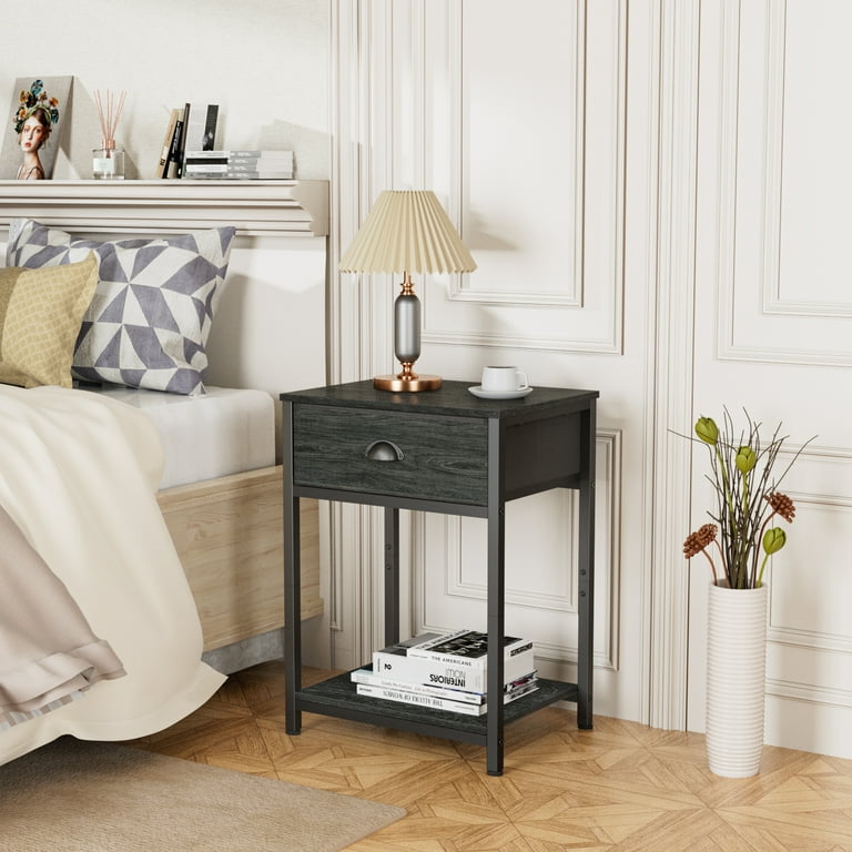 Furologee Nightstand Set of 2 with Fabric Drawer End Table with Storage Shelf Bedside Table Organizer Side Table for Living Room Bedroom Black